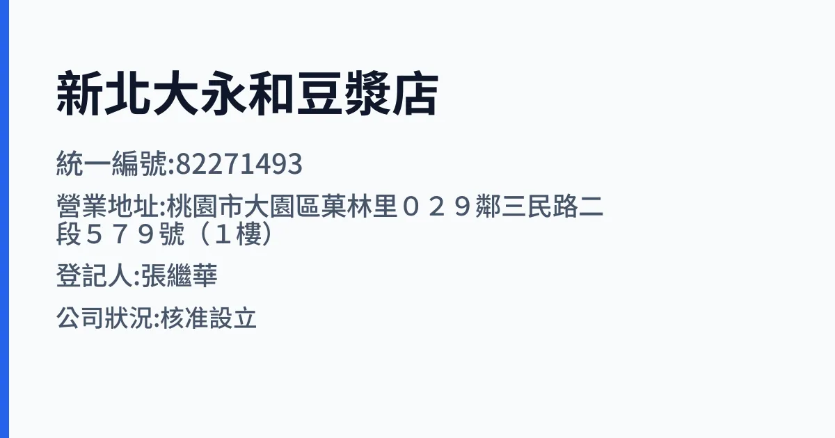 新北大永和豆漿店 - 統編 82271493(桃園市) 公司登記資料與營業項目詳細圖表