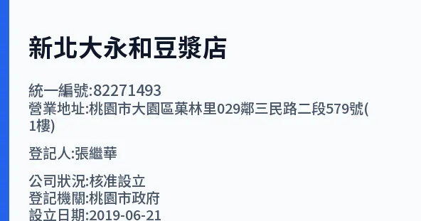 新北大永和豆漿店的照片-統編 82271493(桃園市) 公司登記資料與營業項目詳細圖表