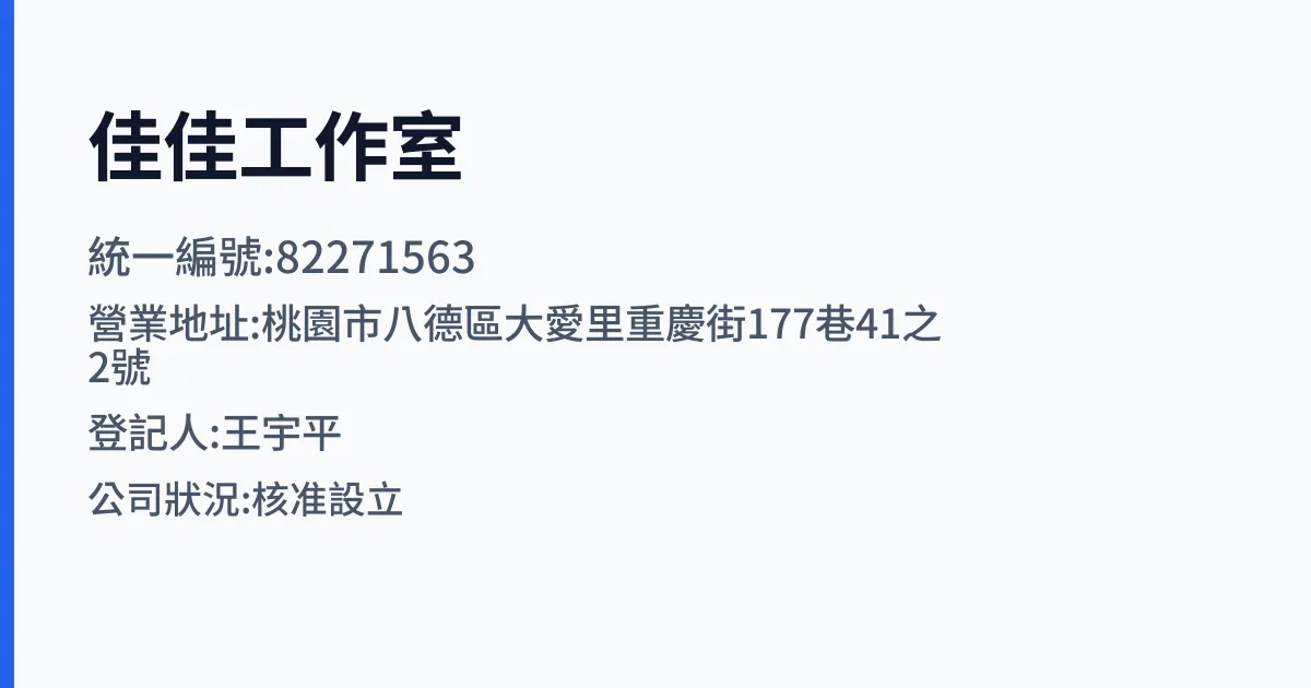 佳佳工作室 - 統編 82271563(桃園市) 公司登記資料與營業項目詳細圖表