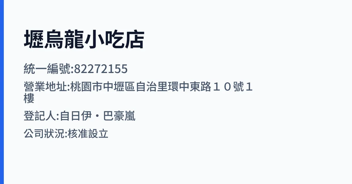 壢烏龍小吃店 - 統編 82272155(桃園市) 公司登記資料與營業項目詳細圖表