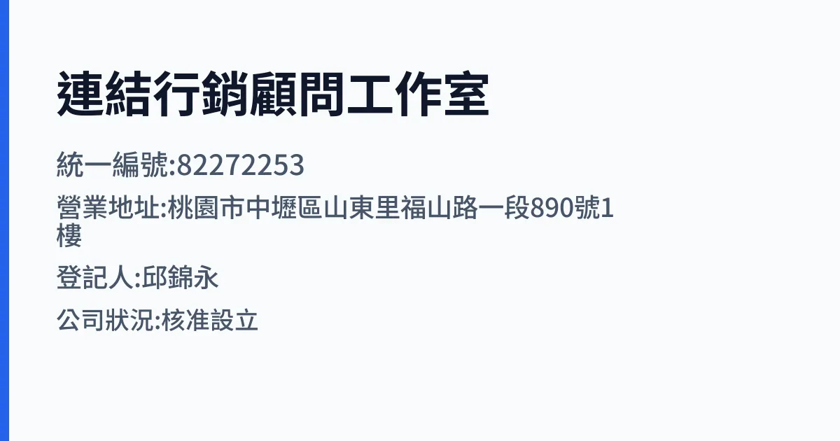 連結行銷顧問工作室 - 統編 82272253(桃園市) 公司登記資料與營業項目詳細圖表