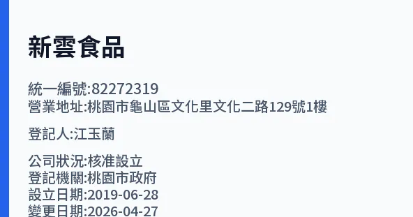 新雲食品的照片-統編 82272319(桃園市) 公司登記資料與營業項目詳細圖表
