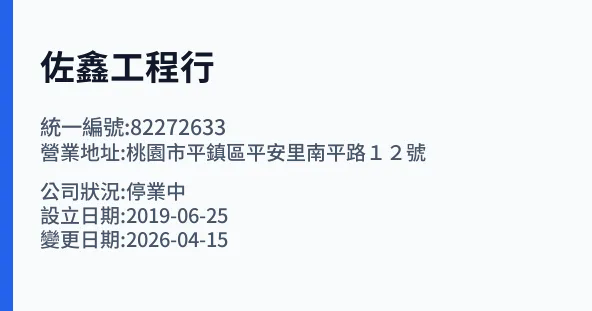 佐鑫工程行的照片-統編 82272633(桃園市) 公司登記資料與營業項目詳細圖表