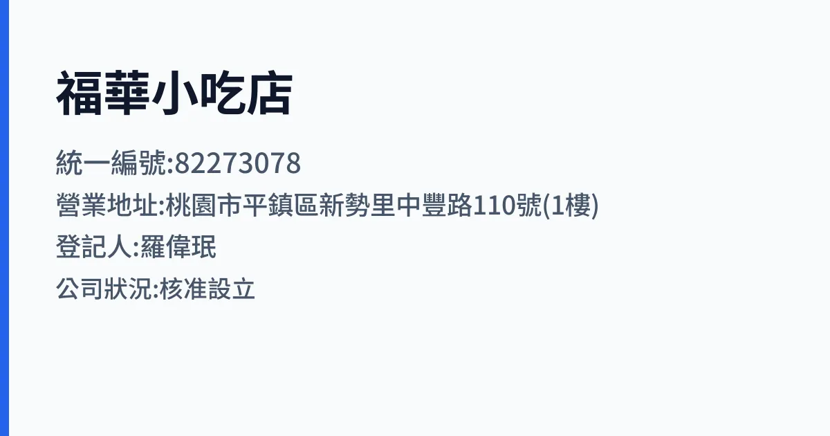 福華小吃店 - 統編 82273078(桃園市) 公司登記資料與營業項目詳細圖表
