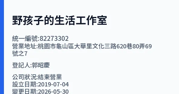 野孩子的生活工作室的照片-統編 82273302(桃園市) 公司登記資料與營業項目詳細圖表