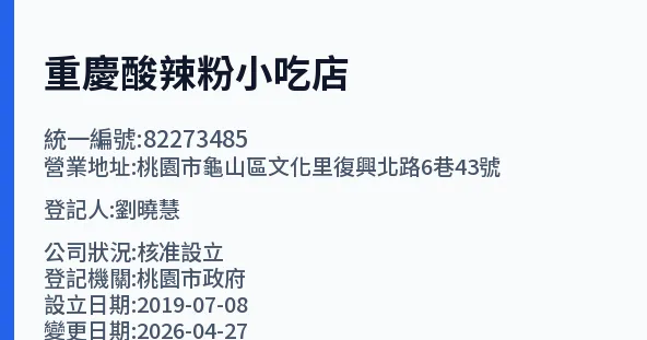 重慶酸辣粉小吃店的照片-統編 82273485(桃園市) 公司登記資料與營業項目詳細圖表