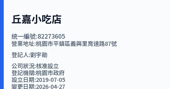 丘嘉小吃店的照片-統編 82273605(桃園市) 公司登記資料與營業項目詳細圖表