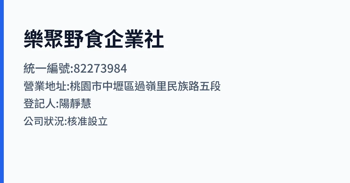 樂聚野食企業社 - 統編 82273984(桃園市) 公司登記資料與營業項目詳細圖表