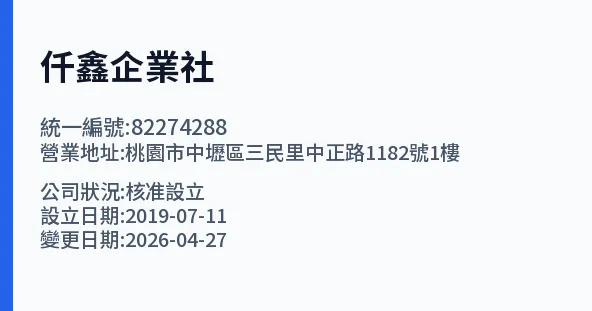 仟鑫企業社的照片-統編 82274288(桃園市) 公司登記資料與營業項目詳細圖表