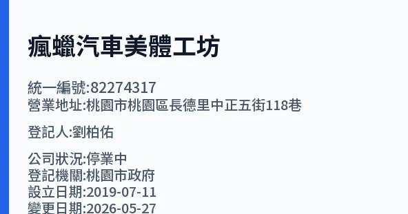 瘋蠟汽車美體工坊的照片-統編 82274317(桃園市) 公司登記資料與營業項目詳細圖表