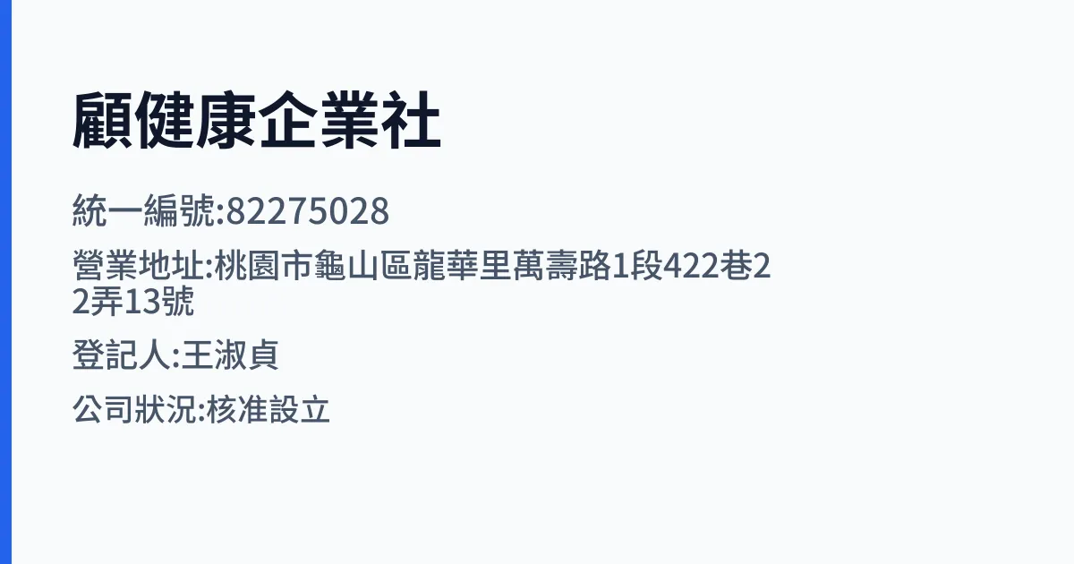 顧健康企業社 - 統編 82275028(桃園市) 公司登記資料與營業項目詳細圖表