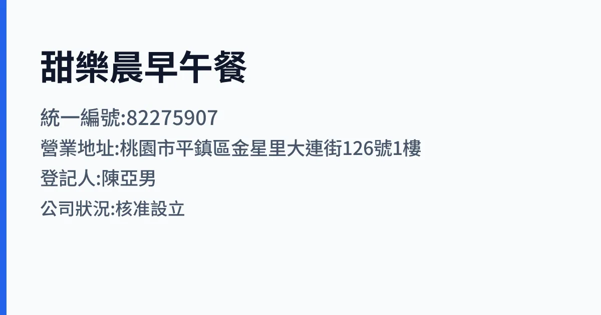 甜樂晨早午餐 - 統編 82275907(桃園市) 公司登記資料與營業項目詳細圖表