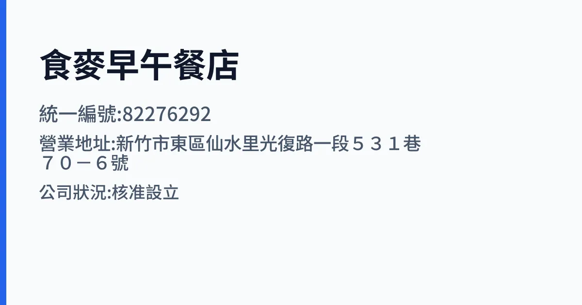 食麥早午餐店 - 統編 82276292(新竹市) 公司登記資料與營業項目詳細圖表