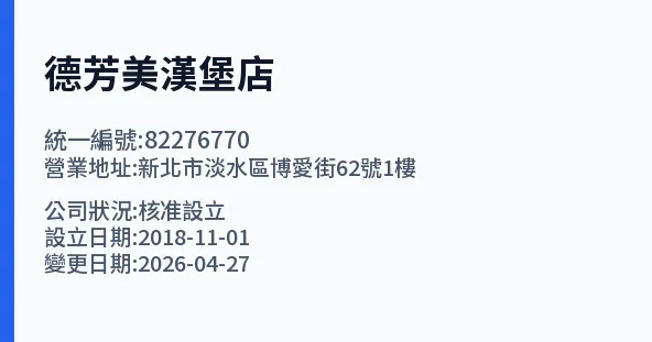德芳美漢堡店的照片-統編 82276770(新北市) 公司登記資料與營業項目詳細圖表