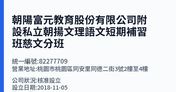 朝陽富元教育股份有限公司附設私立朝揚文理語文短期補習班慈文分班的照片-統編 82277709(桃園市) 公司登記資料與營業項目詳細圖表