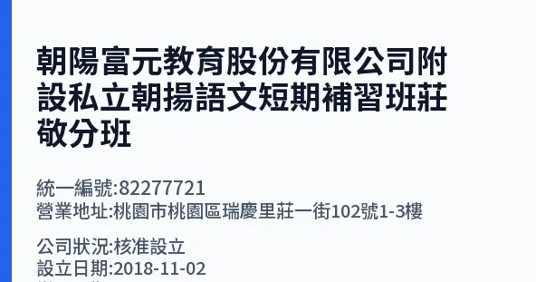 朝陽富元教育股份有限公司附設私立朝揚語文短期補習班莊敬分班的照片-統編 82277721(桃園市) 公司登記資料與營業項目詳細圖表
