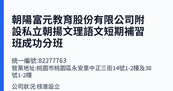 朝陽富元教育股份有限公司附設私立朝揚文理語文短期補習班成功分班的照片-統編 82277763(桃園市) 公司登記資料與營業項目詳細圖表