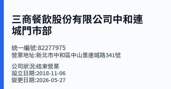 三商餐飲股份有限公司中和連城門市部的照片-統編 82277975(新北市) 公司登記資料與營業項目詳細圖表