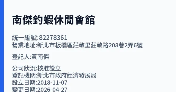 南傑釣蝦休閒會館的照片-統編 82278361(新北市) 公司登記資料與營業項目詳細圖表