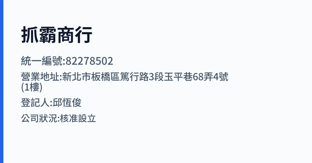 抓霸商行 - 統編 82278502(新北市) 公司登記資料與營業項目詳細圖表