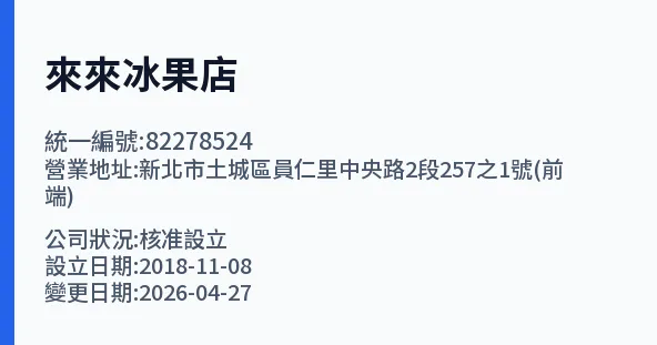 來來冰果店的照片-統編 82278524(新北市) 公司登記資料與營業項目詳細圖表