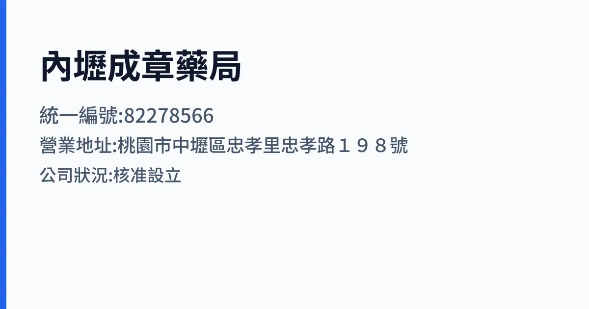 內壢成章藥局 - 統編 82278566(桃園市) 公司登記資料與營業項目詳細圖表