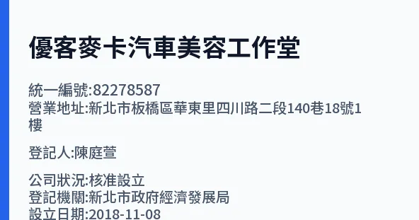 優客麥卡汽車美容工作堂的照片-統編 82278587(新北市) 公司登記資料與營業項目詳細圖表