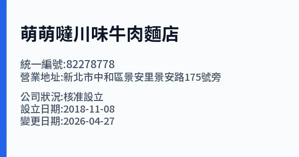 萌萌噠川味牛肉麵店的照片-統編 82278778(新北市) 公司登記資料與營業項目詳細圖表