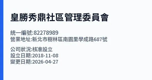 皇勝秀鼎社區管理委員會的照片-統編 82278989(新北市) 公司登記資料與營業項目詳細圖表