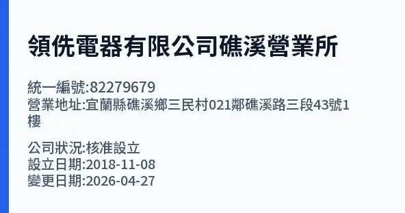領侁電器有限公司礁溪營業所的照片-統編 82279679(宜蘭縣) 公司登記資料與營業項目詳細圖表