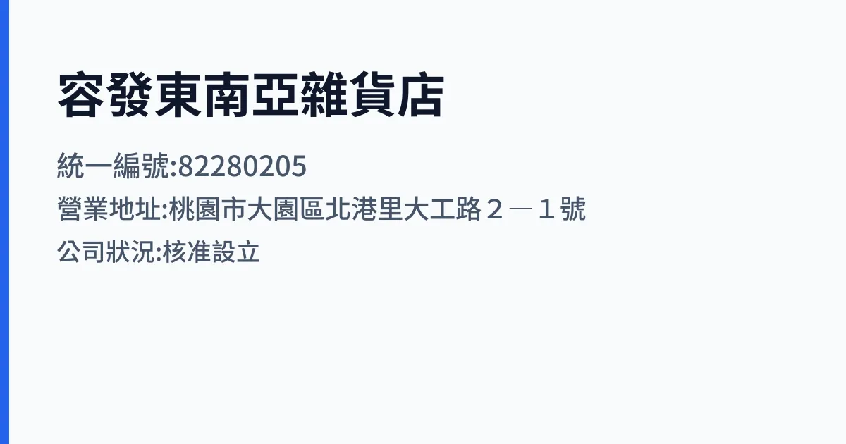 容發東南亞雜貨店 - 統編 82280205(桃園市) 公司登記資料與營業項目詳細圖表