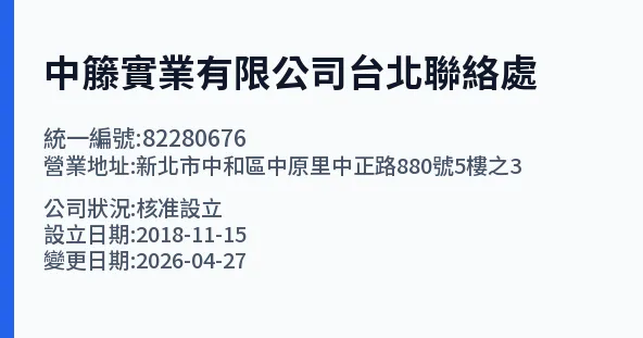 中籐實業有限公司台北聯絡處的照片-統編 82280676(新北市) 公司登記資料與營業項目詳細圖表