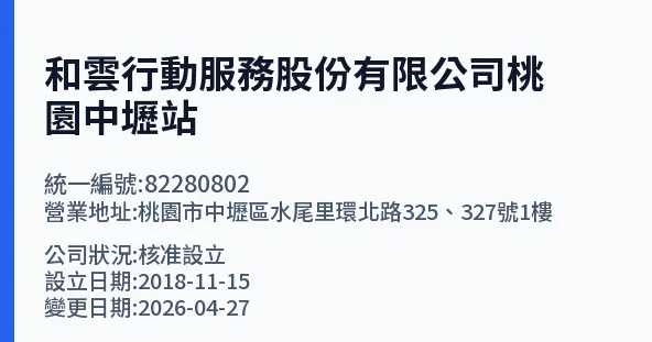 和雲行動服務股份有限公司桃園中壢站的照片-統編 82280802(桃園市) 公司登記資料與營業項目詳細圖表