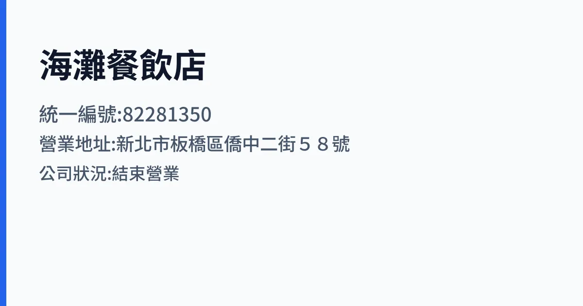 海灘餐飲店 - 統編 82281350(新北市) 公司登記資料與營業項目詳細圖表