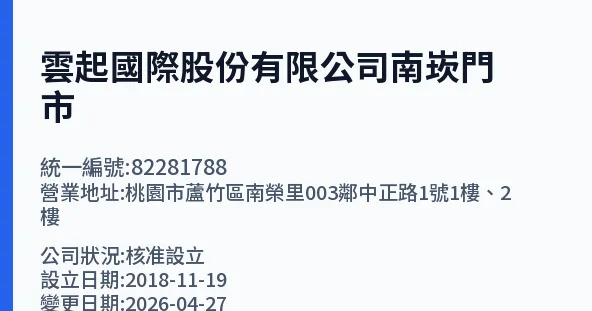 雲起國際股份有限公司南崁門市的照片-統編 82281788(桃園市) 公司登記資料與營業項目詳細圖表
