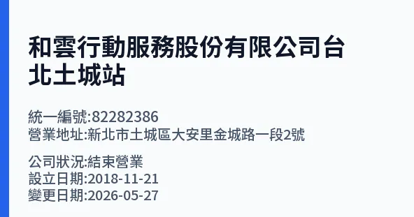 和雲行動服務股份有限公司台北土城站的照片-統編 82282386(新北市) 公司登記資料與營業項目詳細圖表