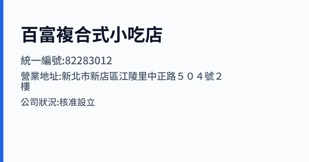 百富複合式小吃店 - 統編 82283012（新北市） 公司登記資料與營業項目詳細圖表