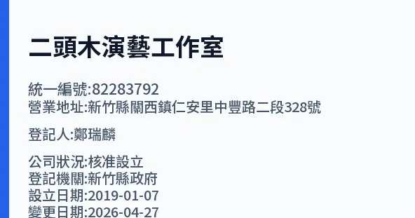 二頭木演藝工作室的照片-統編 82283792(新竹縣) 公司登記資料與營業項目詳細圖表