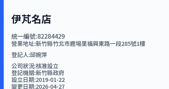 伊芃名店的照片-統編 82284429(新竹縣) 公司登記資料與營業項目詳細圖表