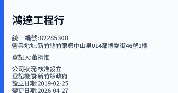 鴻達工程行的照片-統編 82285308(新竹縣) 公司登記資料與營業項目詳細圖表