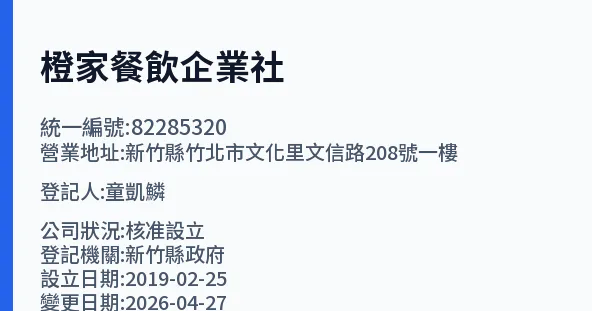橙家餐飲企業社的照片-統編 82285320(新竹縣) 公司登記資料與營業項目詳細圖表