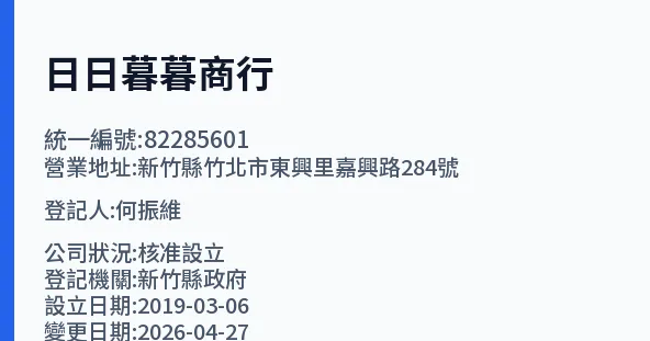 日日暮暮商行的照片-統編 82285601(新竹縣) 公司登記資料與營業項目詳細圖表