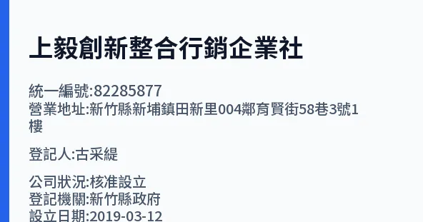 上毅創新整合行銷企業社的照片-統編 82285877(新竹縣) 公司登記資料與營業項目詳細圖表