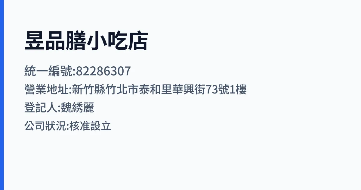 昱品膳小吃店 - 統編 82286307（新竹縣） 公司登記資料與營業項目詳細圖表