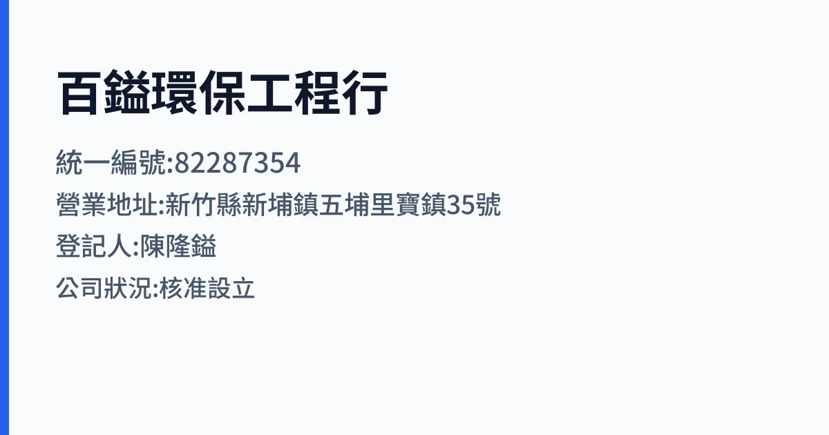 百鎰環保工程行 - 統編 82287354(新竹縣) 公司登記資料與營業項目詳細圖表