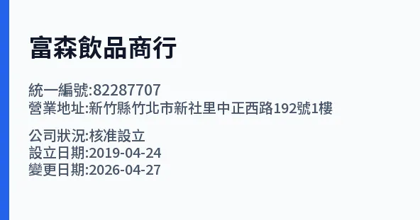 富森飲品商行的照片-統編 82287707(新竹縣) 公司登記資料與營業項目詳細圖表