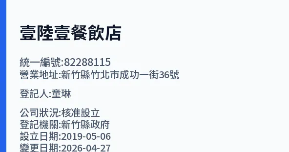 壹陸壹餐飲店的照片-統編 82288115(新竹縣) 公司登記資料與營業項目詳細圖表