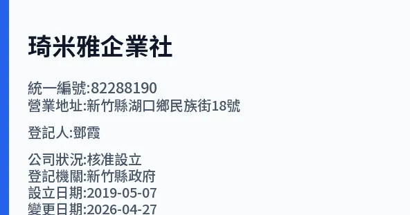 琦米雅企業社的照片-統編 82288190(新竹縣) 公司登記資料與營業項目詳細圖表