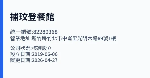 捕玟登餐館的照片-統編 82289368(新竹縣) 公司登記資料與營業項目詳細圖表