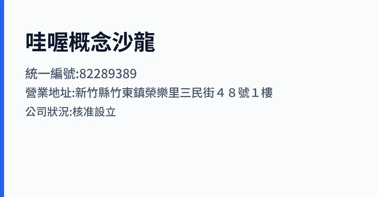 哇喔概念沙龍 - 統編 82289389(新竹縣) 公司登記資料與營業項目詳細圖表